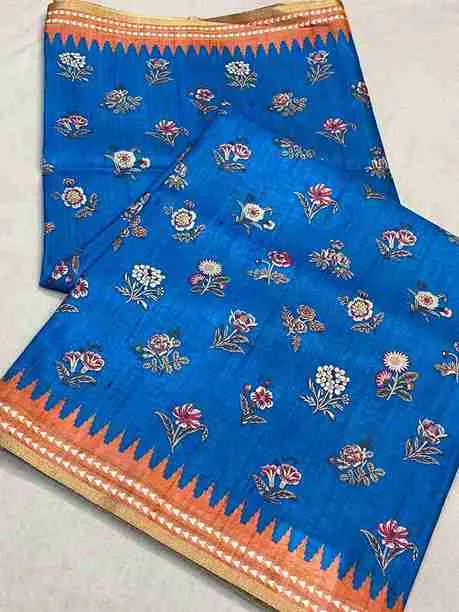 Blue Floral Printed Tussore Silk Saree – modinasamassment