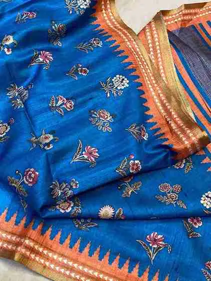 Blue Floral Printed Tussore Silk Saree – modinasamassment